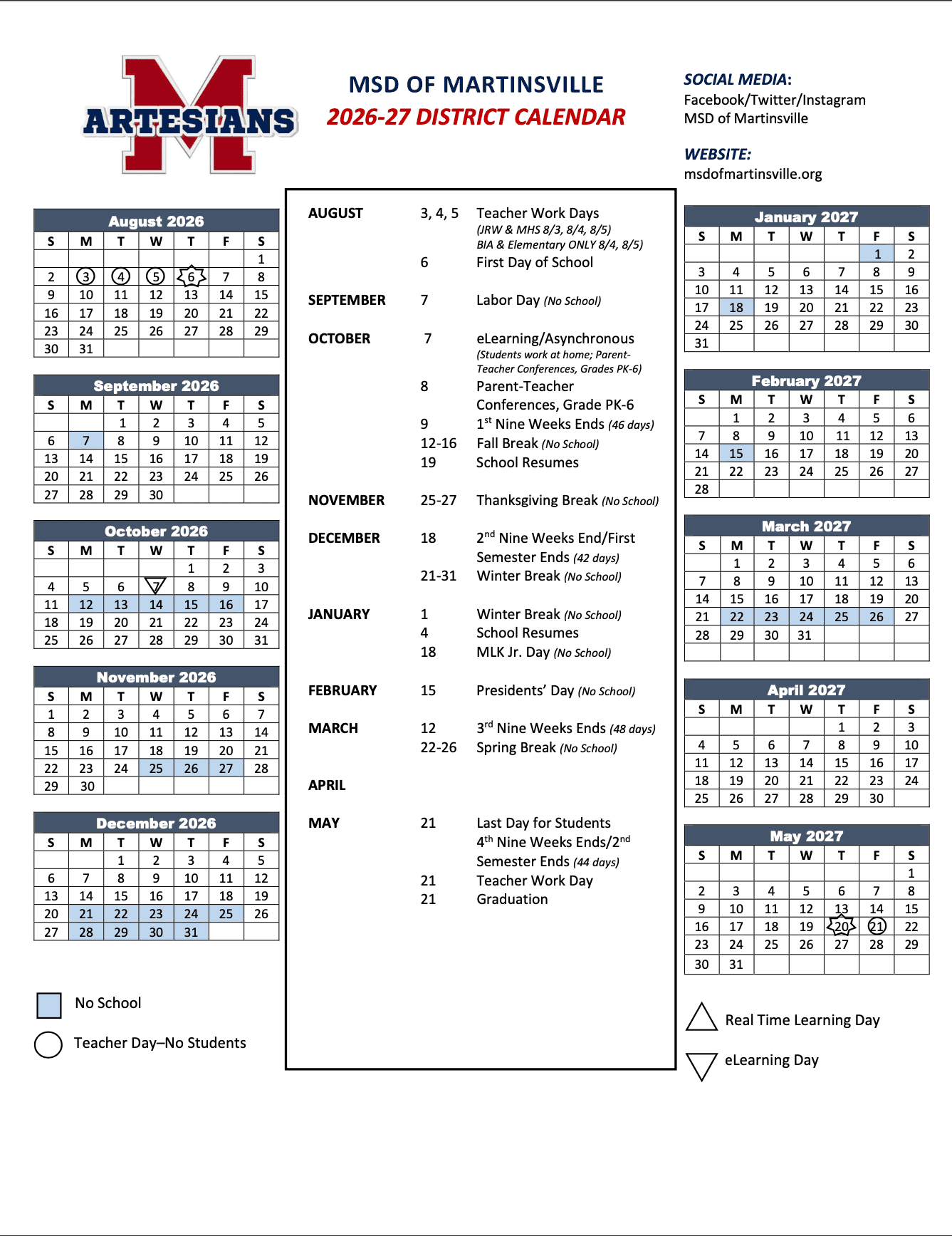Calendars – MSD of Martinsville